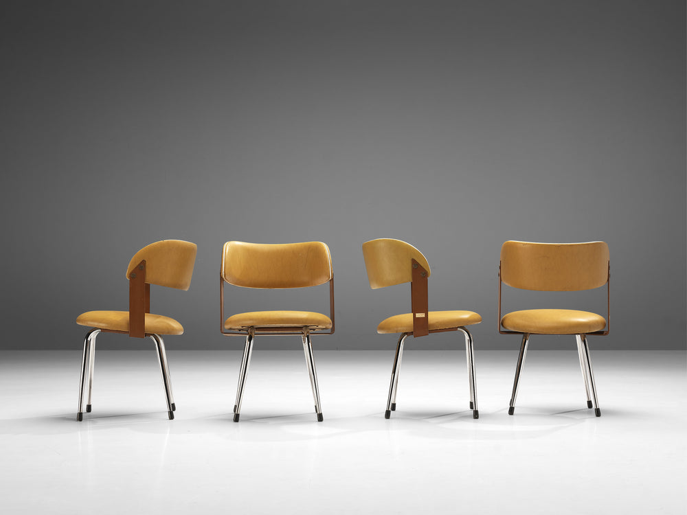 Italian Dining Chairs in Steel and Ocher Yellow Leatherette