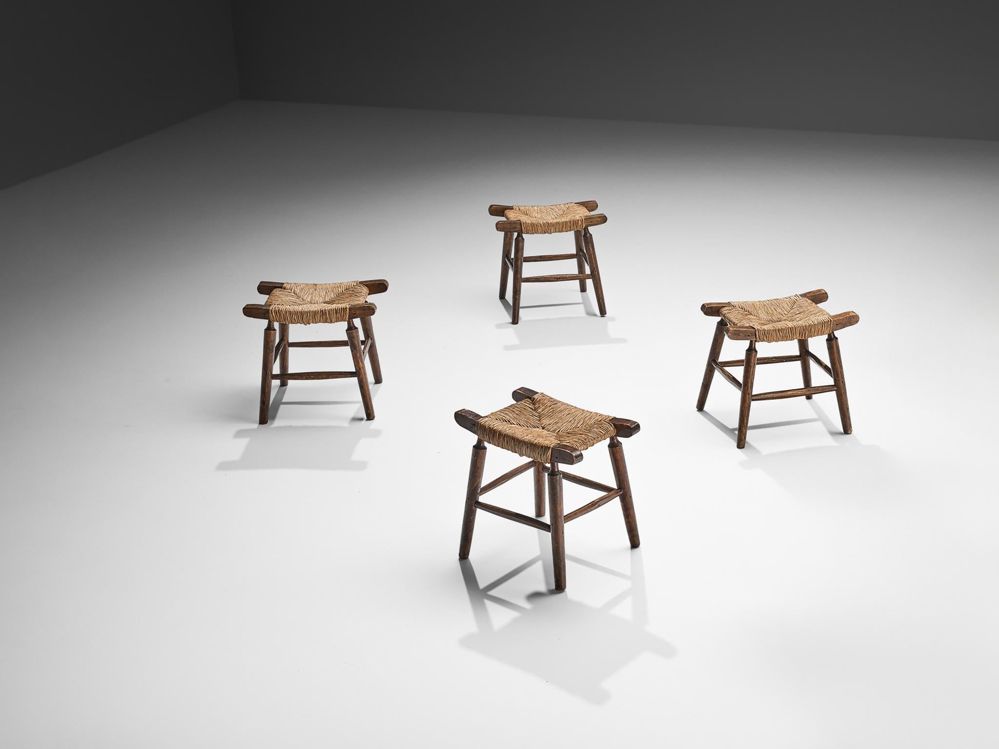 Spanish Rustic Stools in Stained Wood and Straw