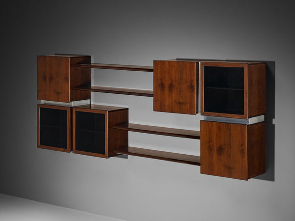 Italian Modular Shelving Wall Unit with Cabinets in Walnut Stainless S