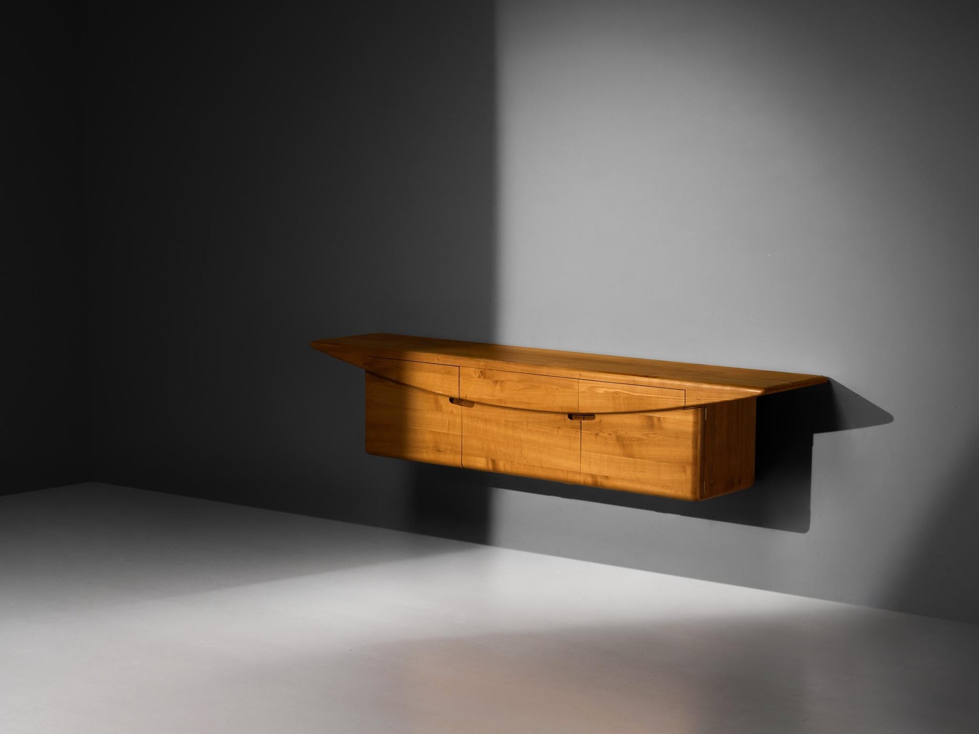 Mid-Century Inspired Sculptural Wall Mounted Sideboard in Solid Elm