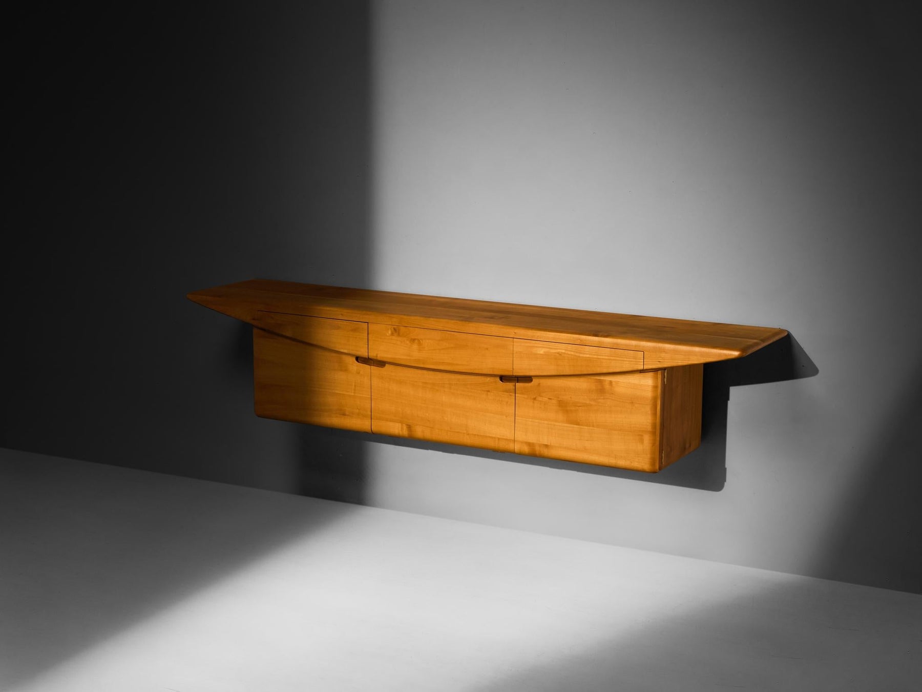 Mid-Century Inspired Sculptural Wall Mounted Sideboard in Solid Elm