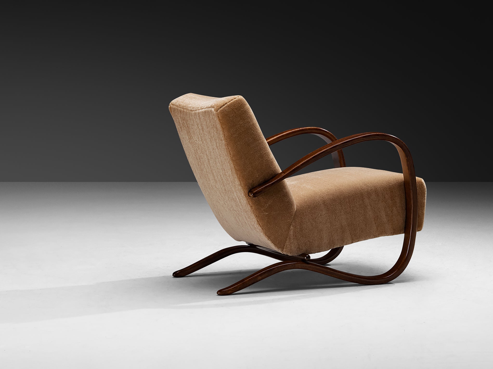 Jindrich Halabala Lounge Chair Upholstered in Brown Pierre Frey Fabric