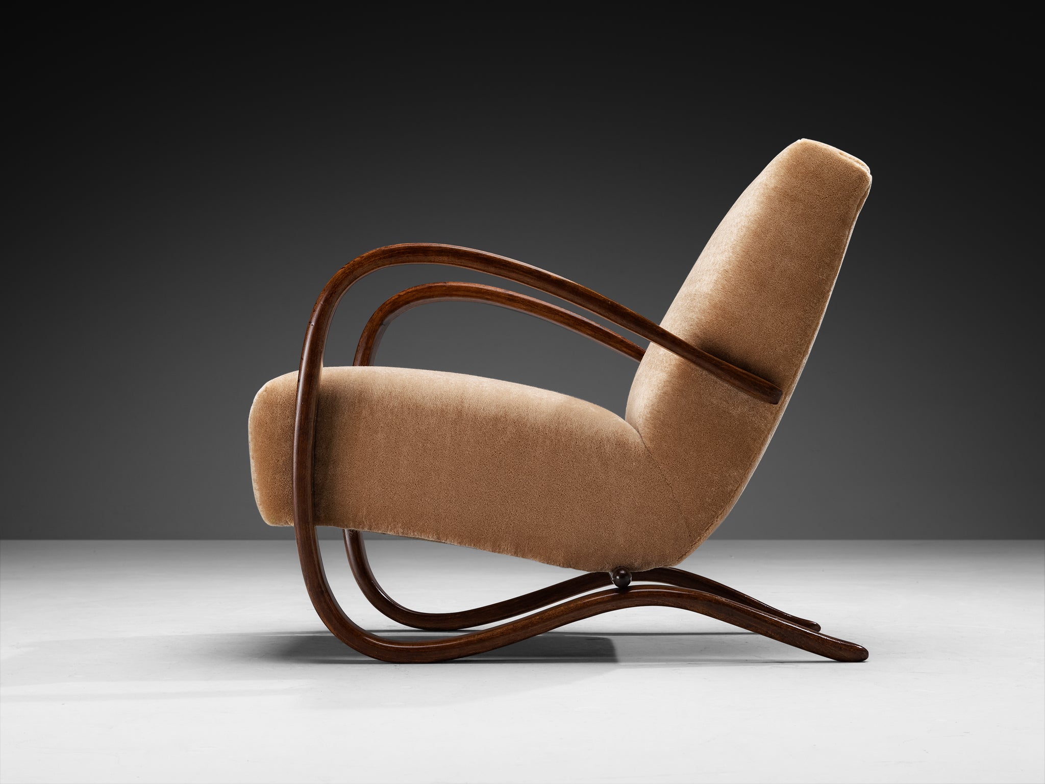 Jindrich Halabala Lounge Chair Upholstered in Brown Pierre Frey Fabric