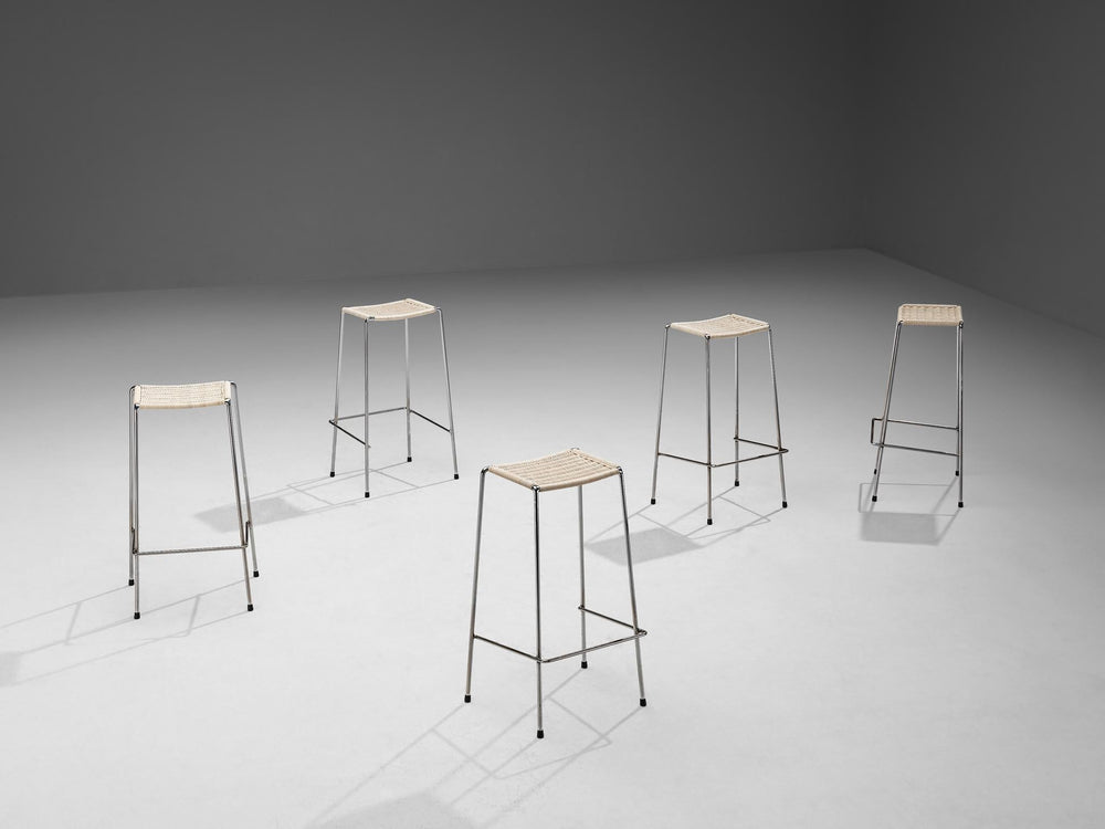 Metz & Co Set of Five Bar Stools with Rattan Seats